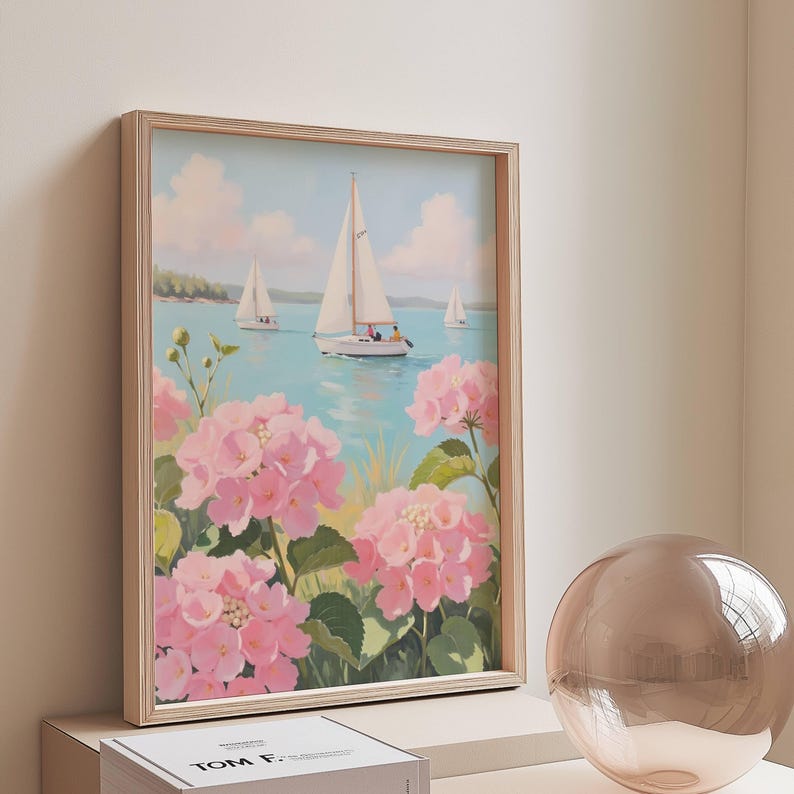 Pink Hydrangea Sailing at Coastal Beach Art Print | New England ...