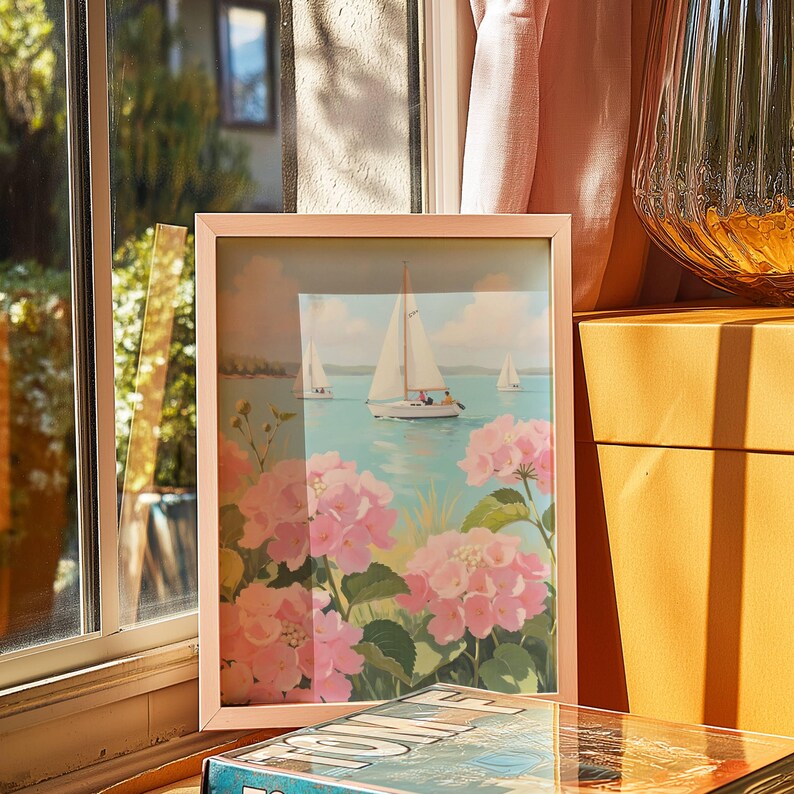 Pink Hydrangea Sailing at Coastal Beach Art Print | New England ...
