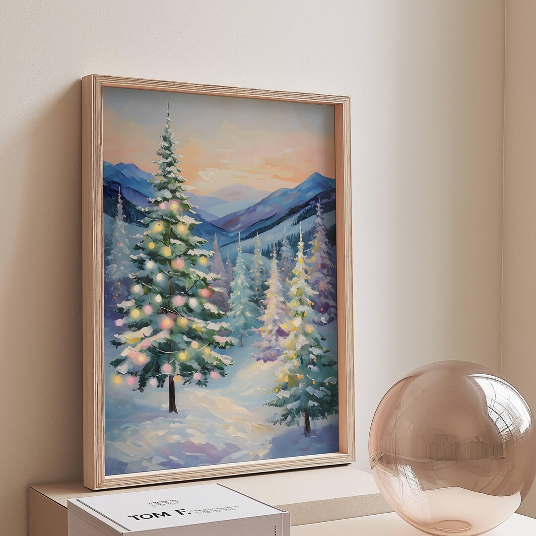 Pastel Christmas Tree Farm Art Print | Whimsical Festive Winter Village ...