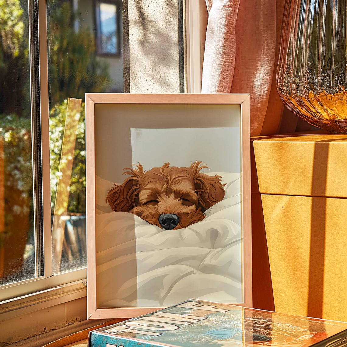 Cavapoo Art Print | Sleeping Cavoodle Dog Poster | Blue Home Decor ...