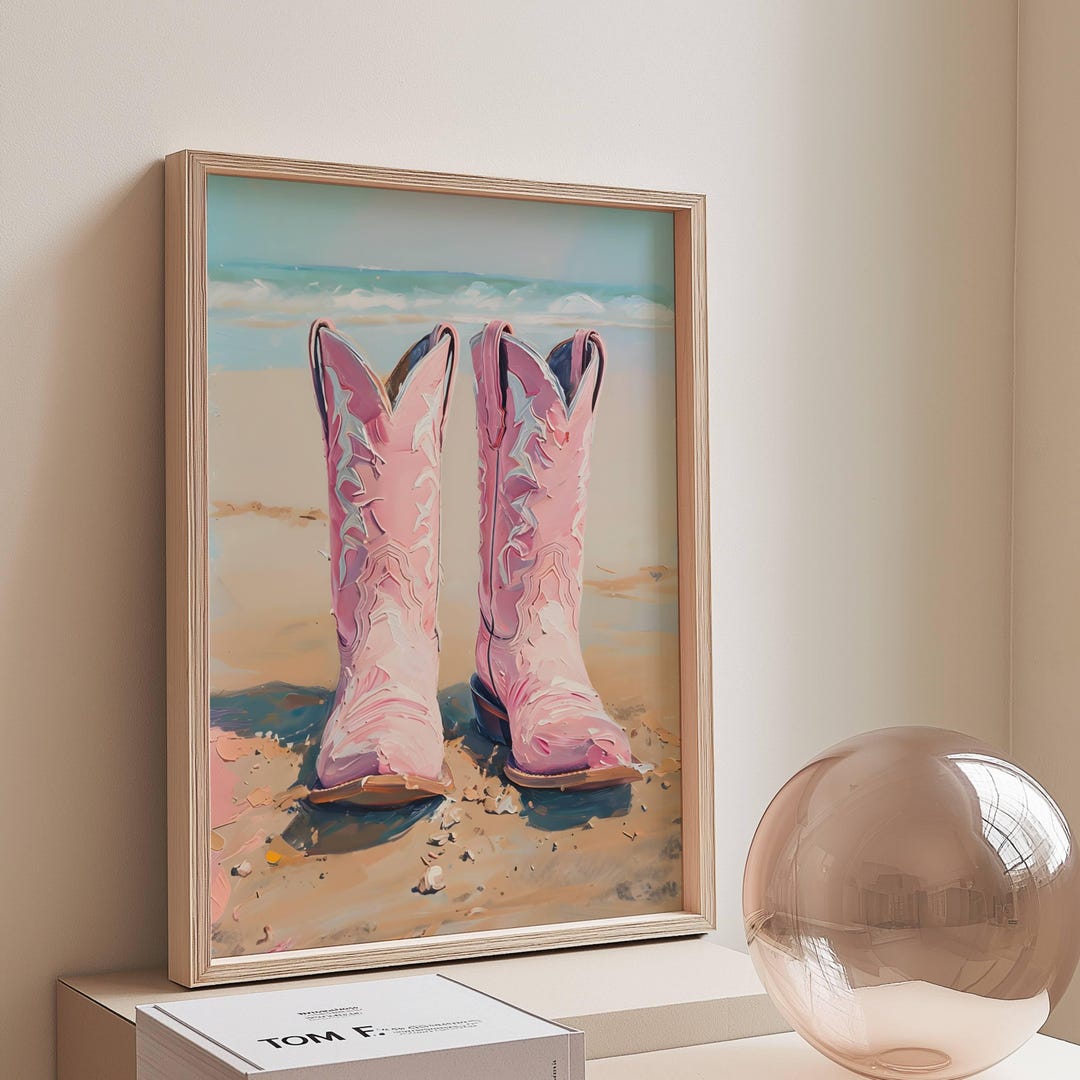 Coastal Cowgirl Boot Print | Pastel Pink Cowboy Boots Beach Art ...
