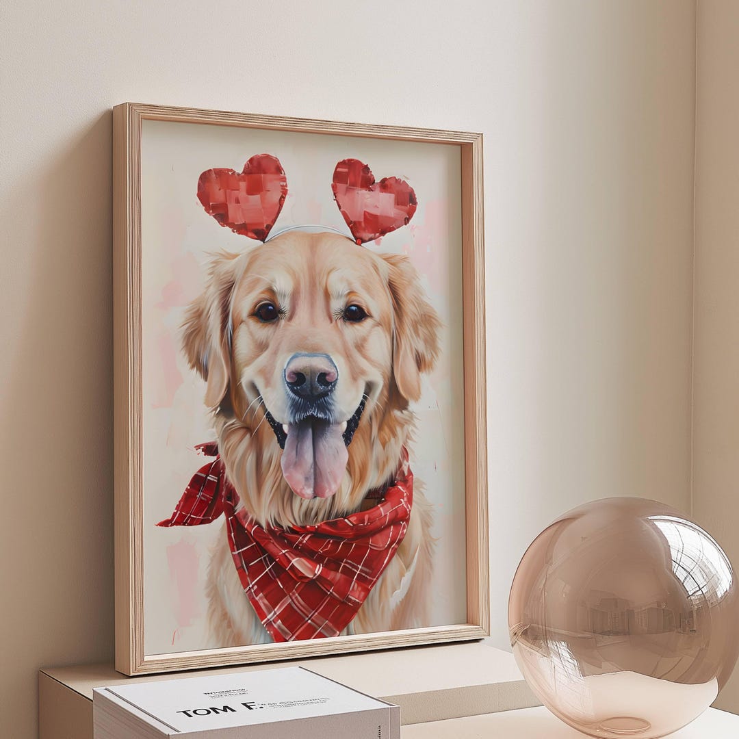 Golden Retriever Art Print | Valentine's Day Dog Poster | Pink and Red ...