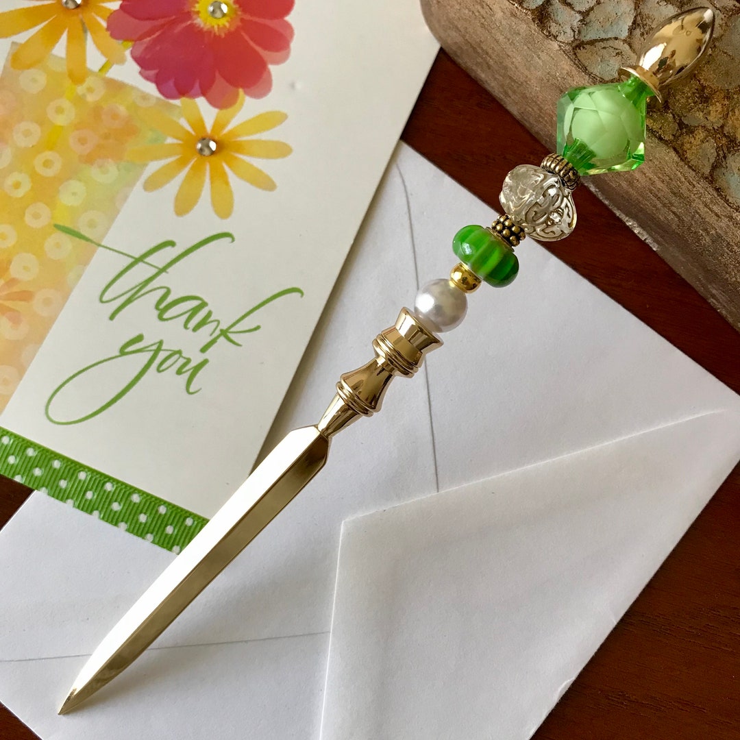 Green Beaded Letter Opener, Gold Letter Opener, Mail Opener, Metal ...