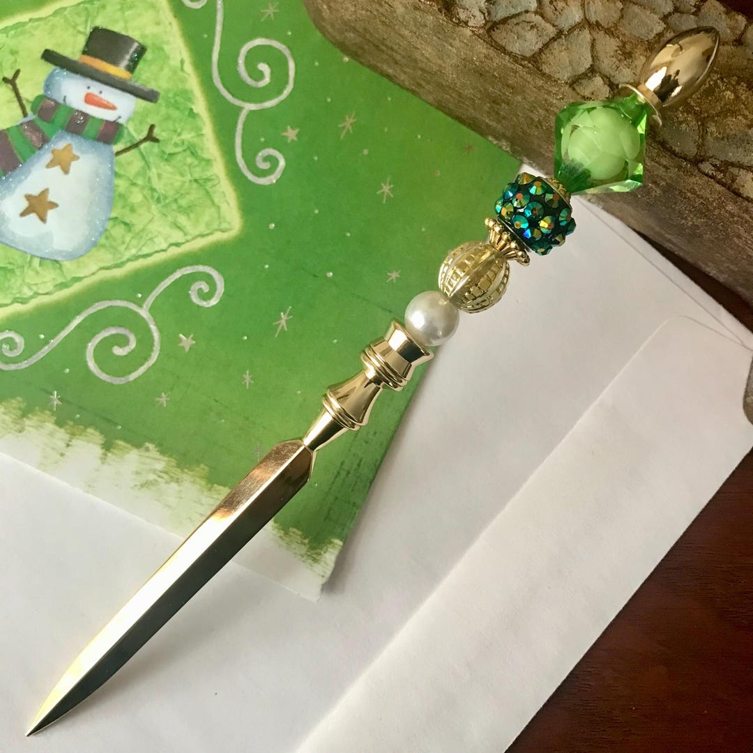 Green Beaded Letter Opener, Gold Letter Opener, Mail Opener, Metal ...