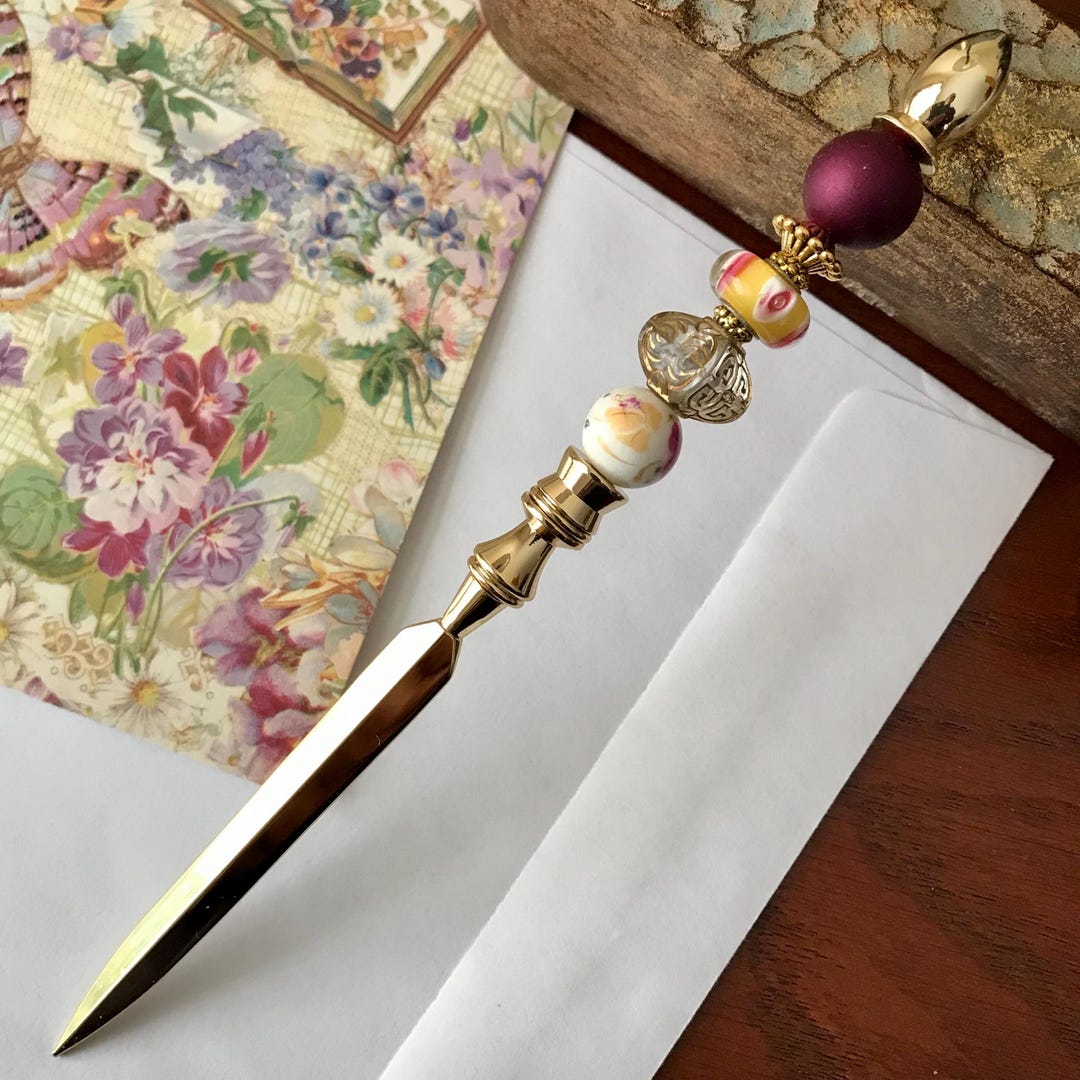Purple Beaded Letter Opener, Gold Letter Opener, Mail Opener, Metal ...