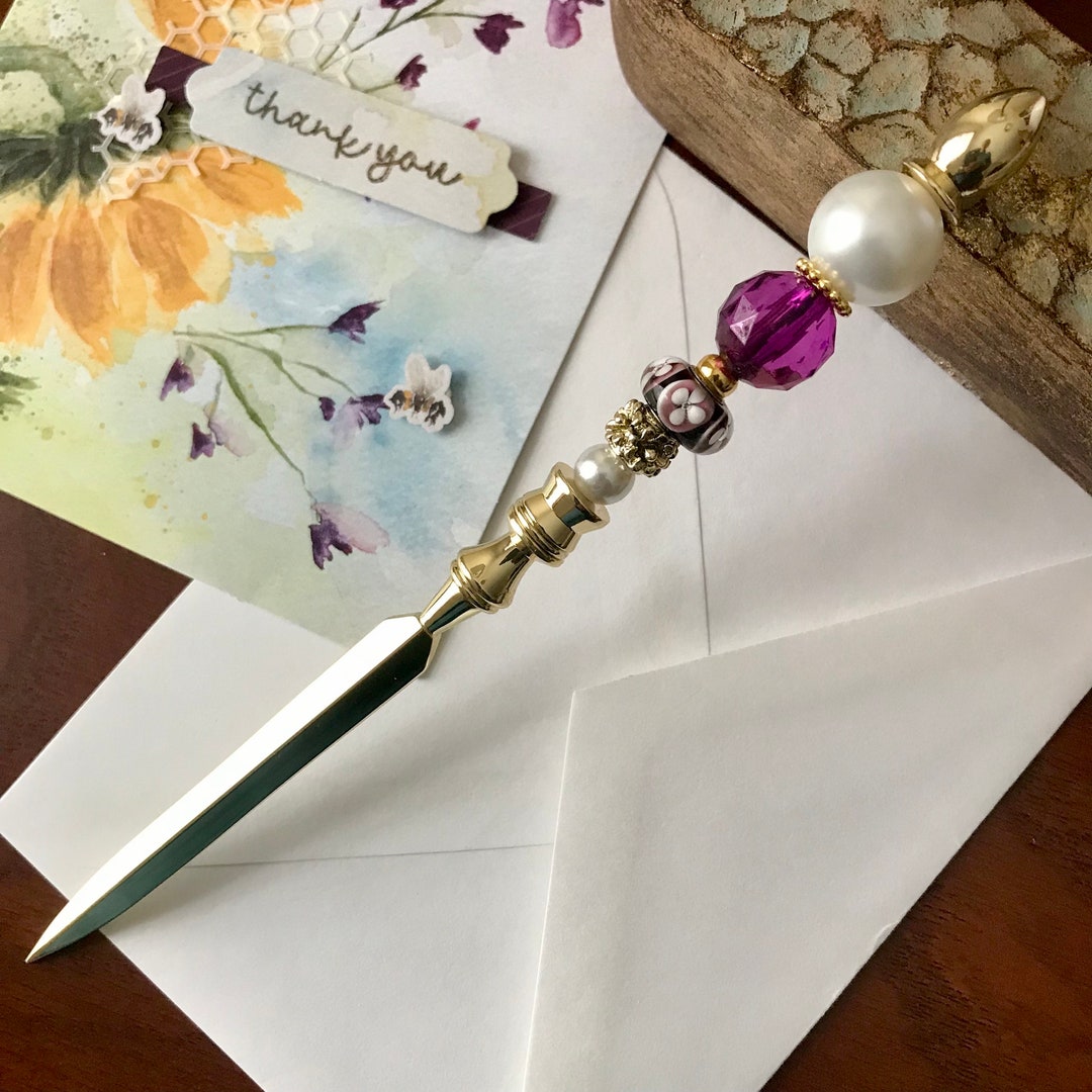 Purple Beaded Letter Opener, Gold Letter Opener, Mail Opener, Metal ...