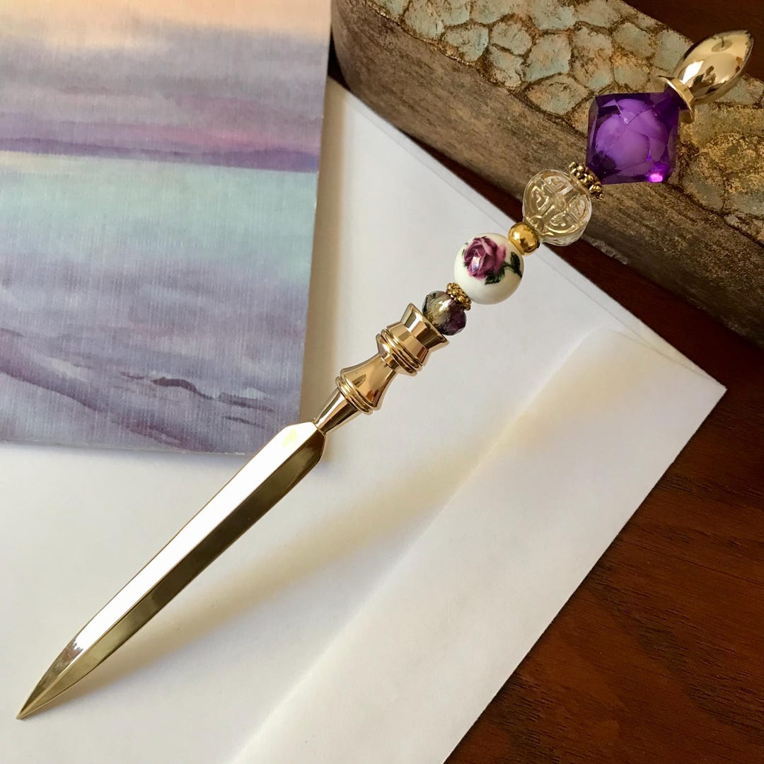 Purple Beaded Letter Opener, Gold Letter Opener, Mail Opener, Metal ...