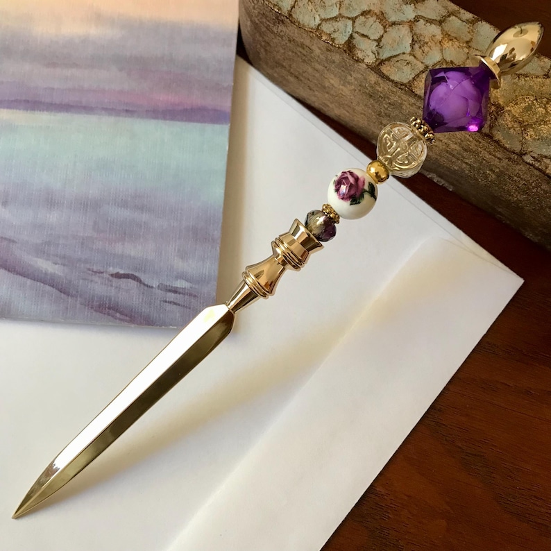 Purple Beaded Letter Opener, Gold Letter Opener, Mail Opener, Metal ...