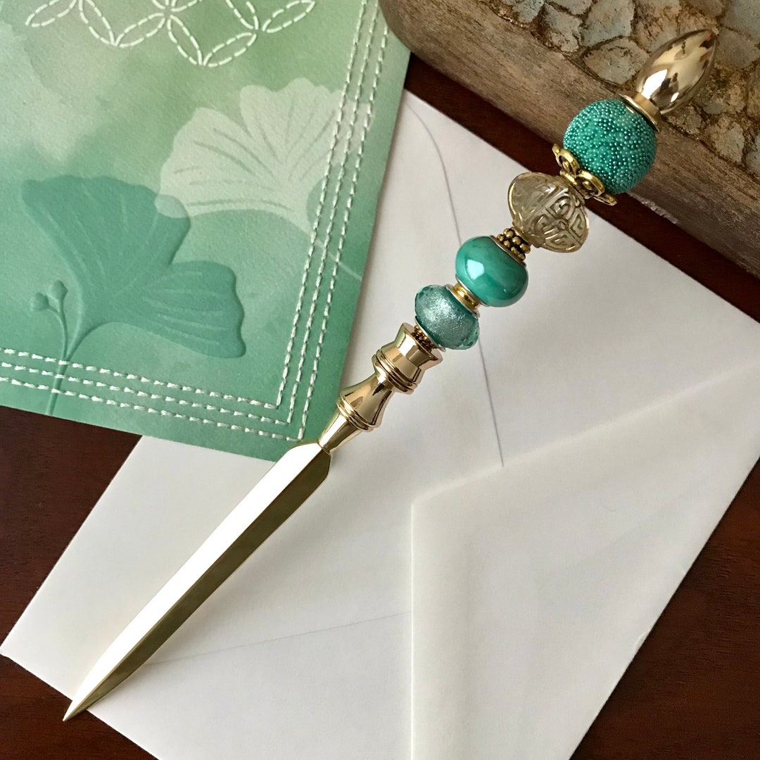 Beaded Aqua and Gold Letter Opener, Mail Opener, Metal Letter Opener ...