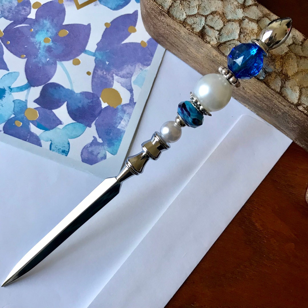 Royal Blue Beaded Letter Opener, Silver Mail Opener, Letter Knife, Mail ...