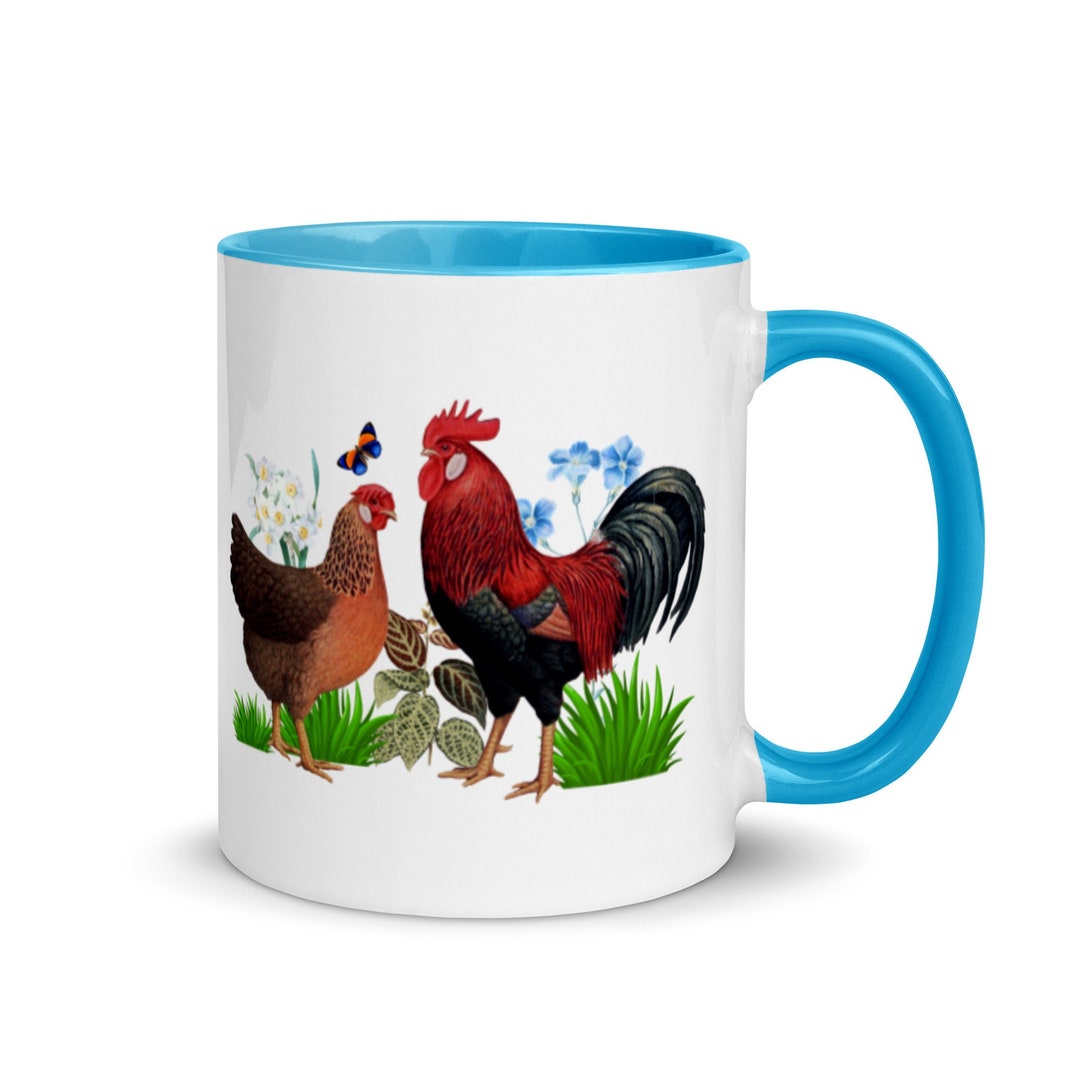 Rooster and Hen Colored Mug, Leghorn Chicken Breed, Farmhouse Kitchen ...