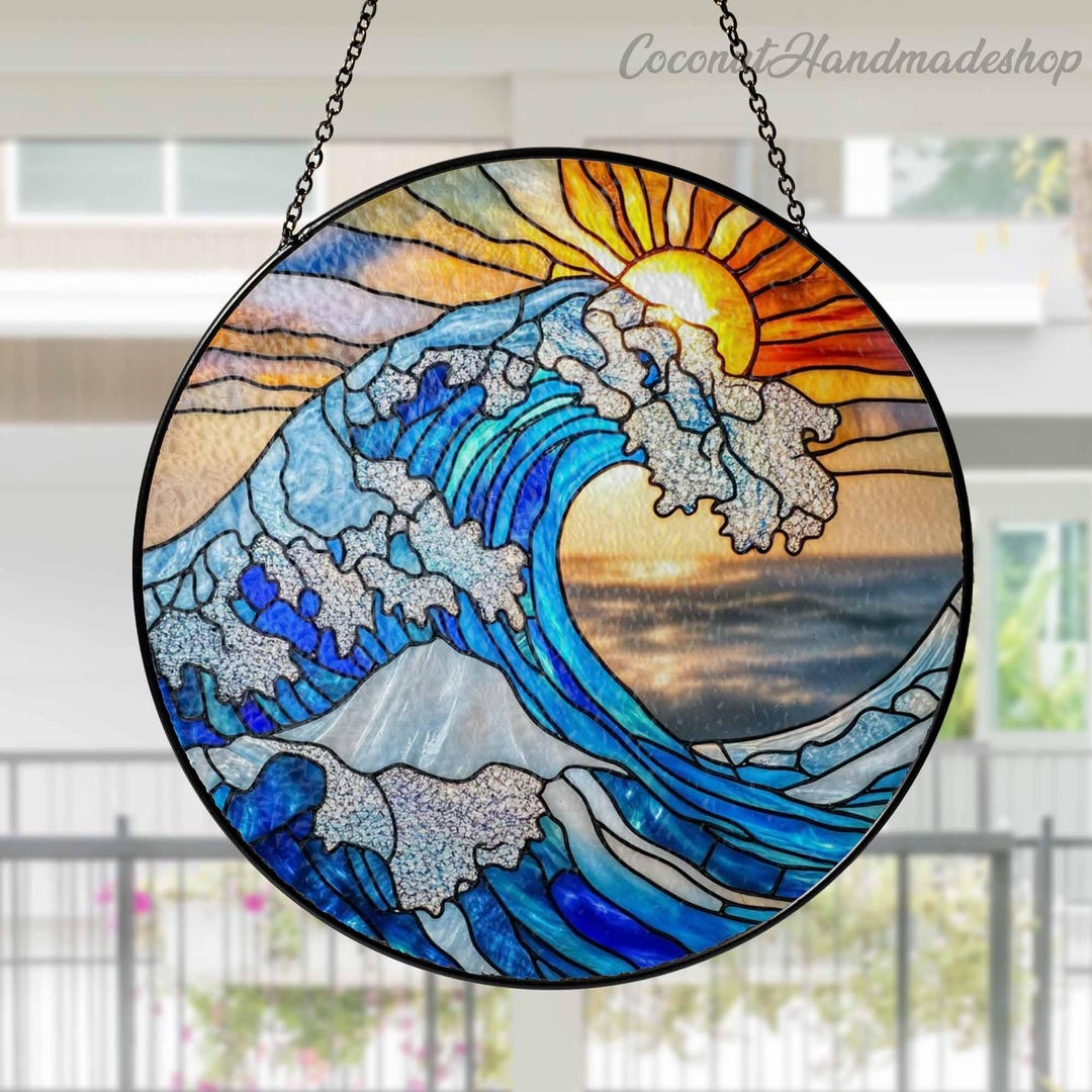 Ocean Waves Stained Glass Suncatcher, Waves Window Hanging Decor, Ocean ...
