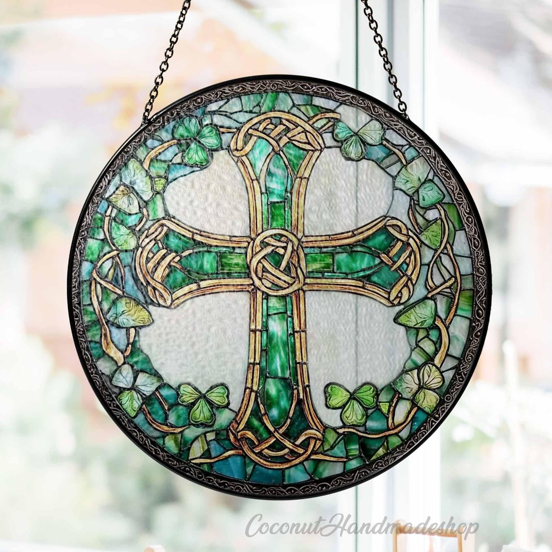 St. Patrick's Day Cross Stained Glass Suncatcher, Cross Window Hanging ...