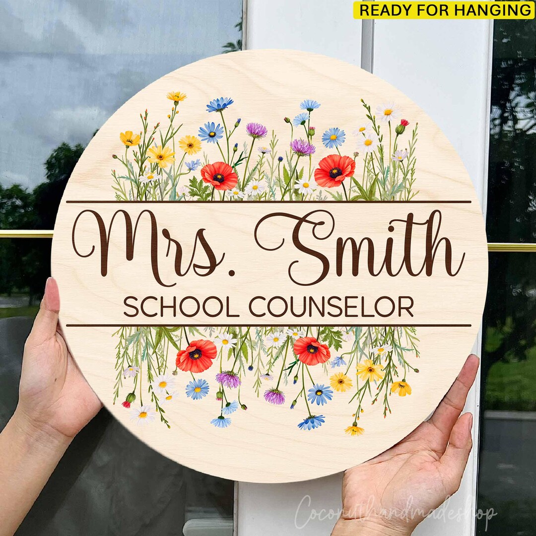 Personalized School Counselor Sign With Wildflower, Custom Floral ...