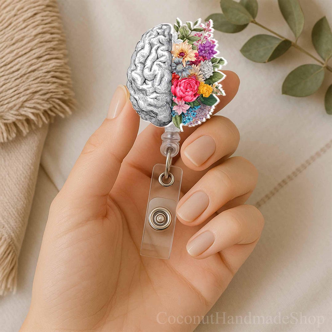Floral Brain Badge Reel, Nurse ID Holder, Brain Anatomy Badge Reel ...