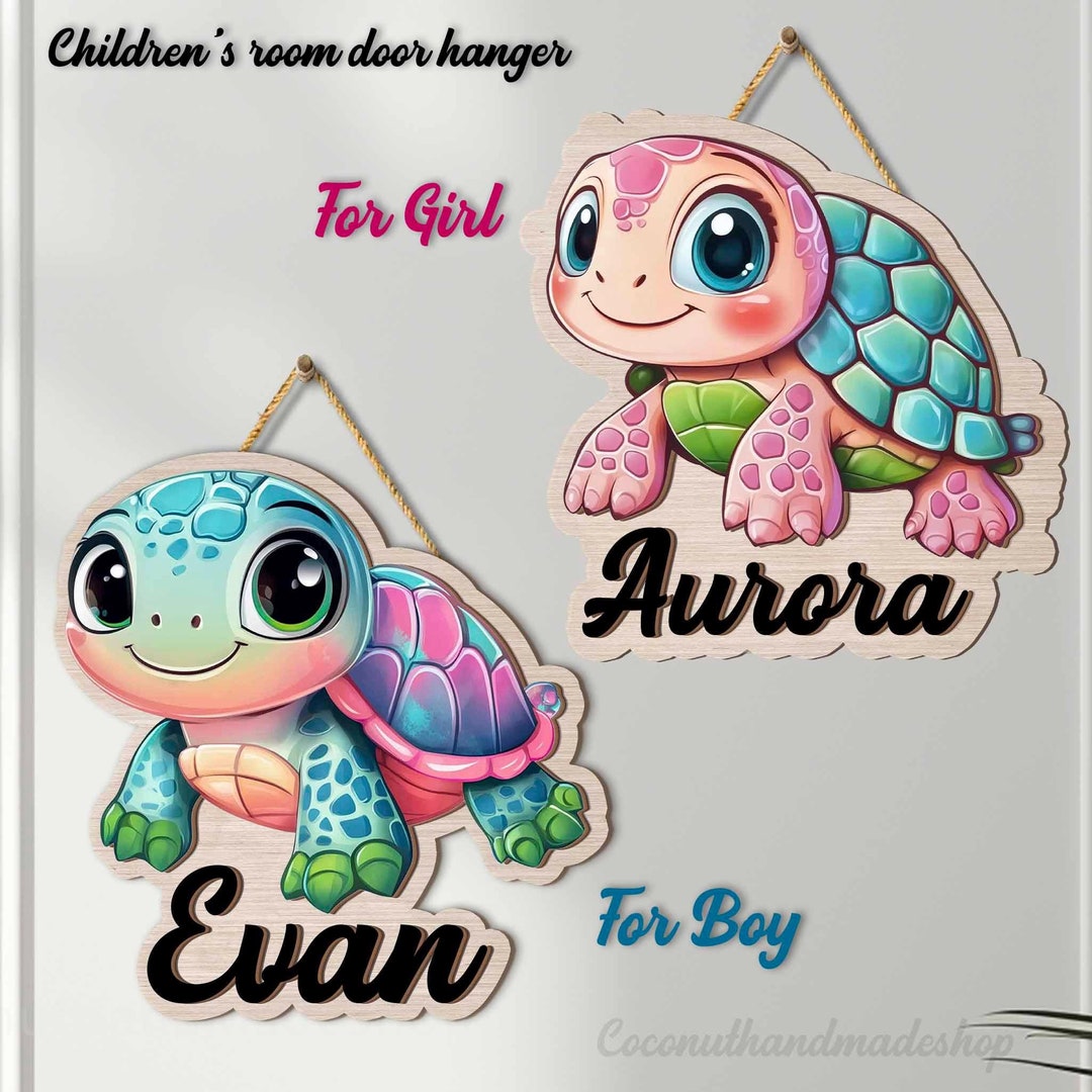 3D Animals Door Sign for Children, Custom Name Sea Turtle Kids Door ...