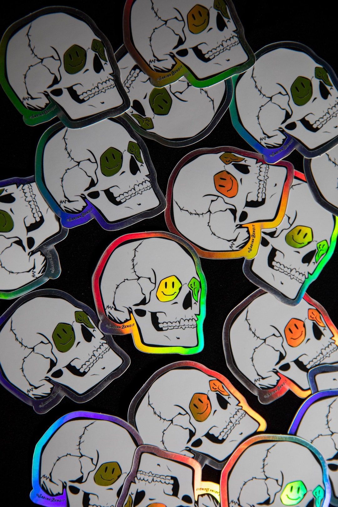 Holographic Skull Sticker | Smiley Face Skull Sticker | Grunge Sticker ...