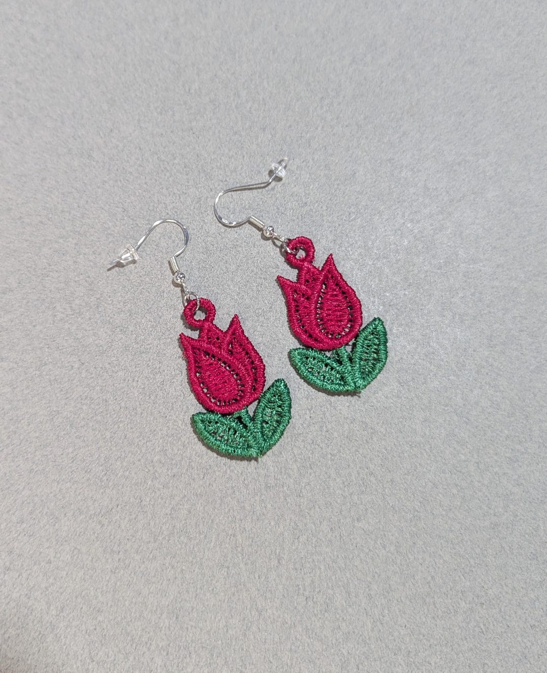 Red Tulip Embroidered Earrings: Lacy Sterling Silver Dangle Earrings - Etsy