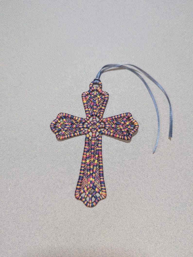 Embroidered Cross Bookmark: Multi-colored Lacy Ornament, Rear View ...
