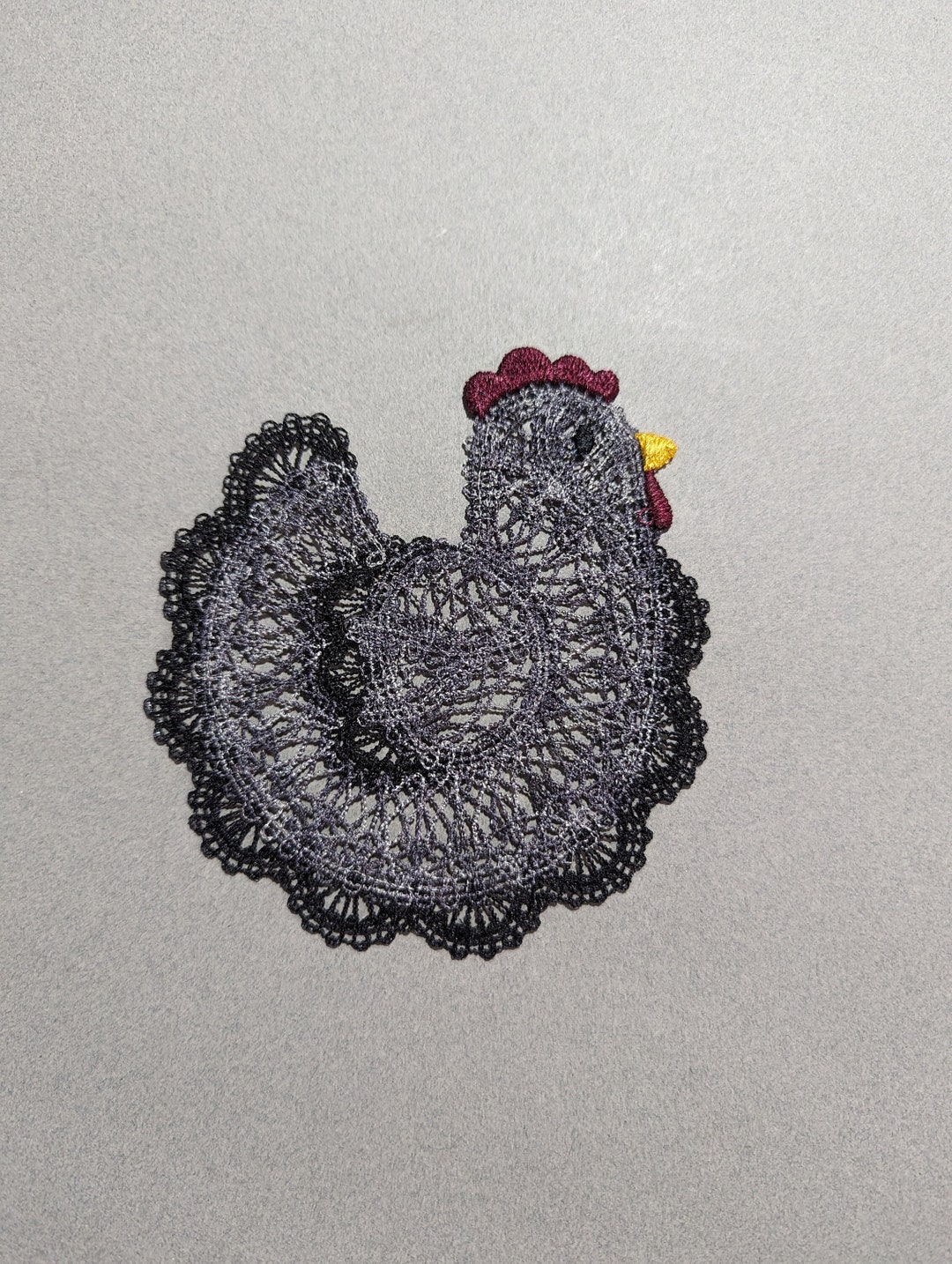 Embroidered Chicken Ornament: Gray Filigree Lace Doily Applique - Etsy