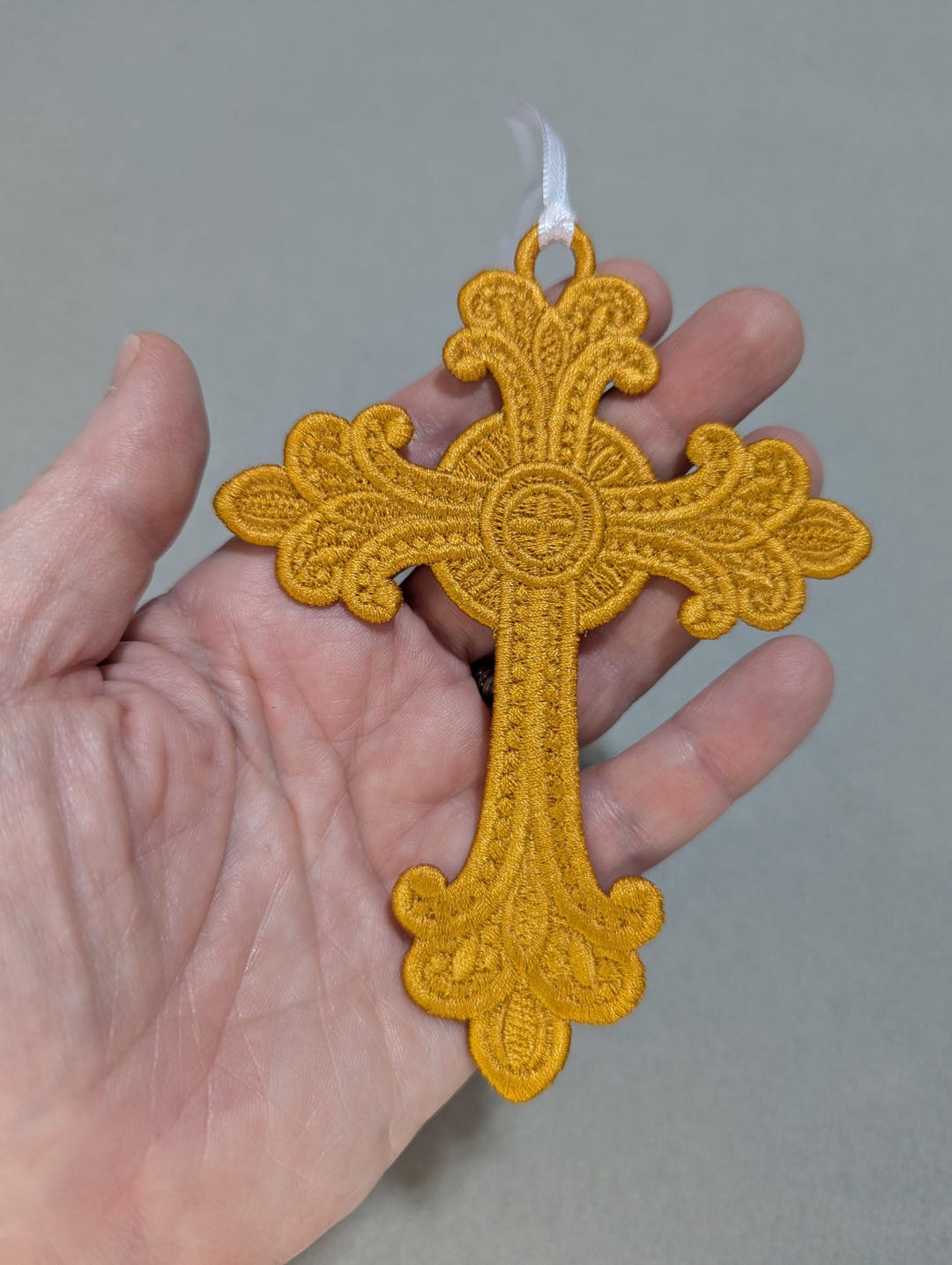 Gold Embroidered Cross: Ornate Lace Bookmark, Rear View Mirror Charm (5 ...