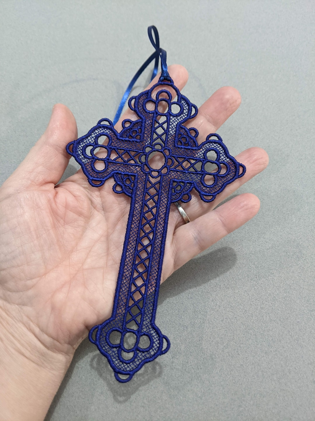 Dark Blue Cross Lace Embroidered Bible Bookmark | Cross Ornament ...