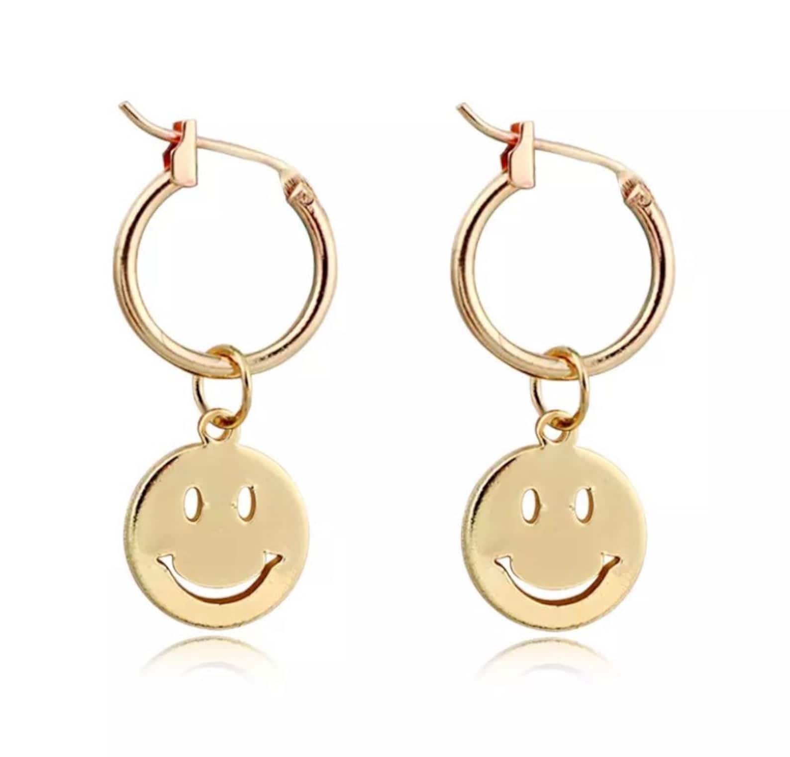 Smiley face dainty hoop gold earrings circle smile | Etsy