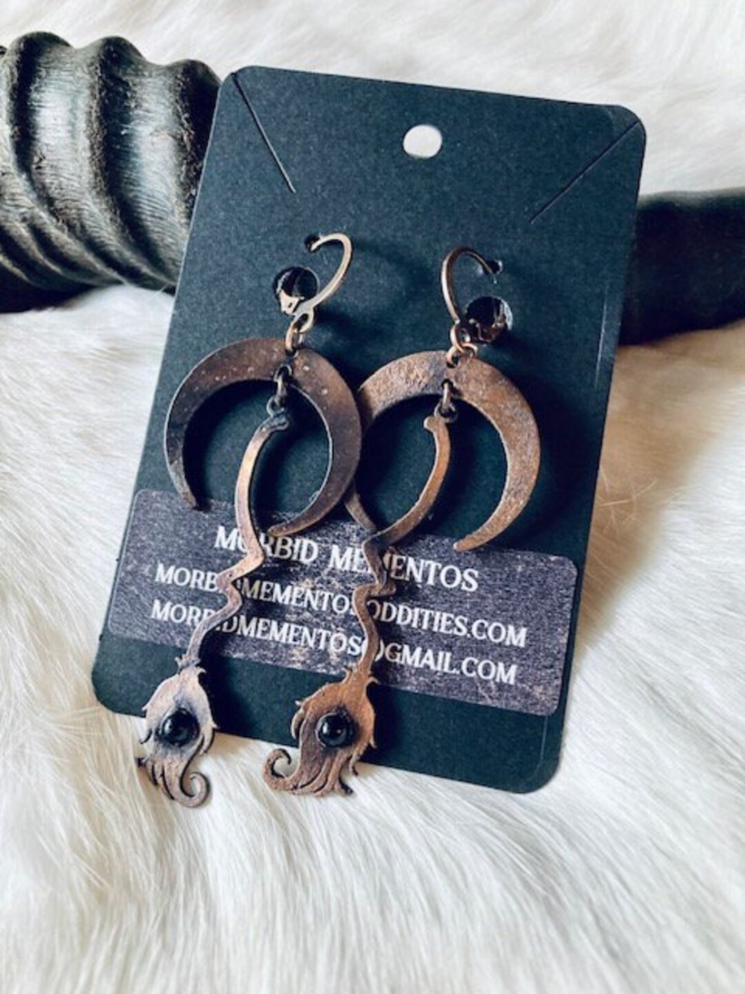 Copper Broom and Moon Dangle Earrings - Black Obsidian - Electroformed ...