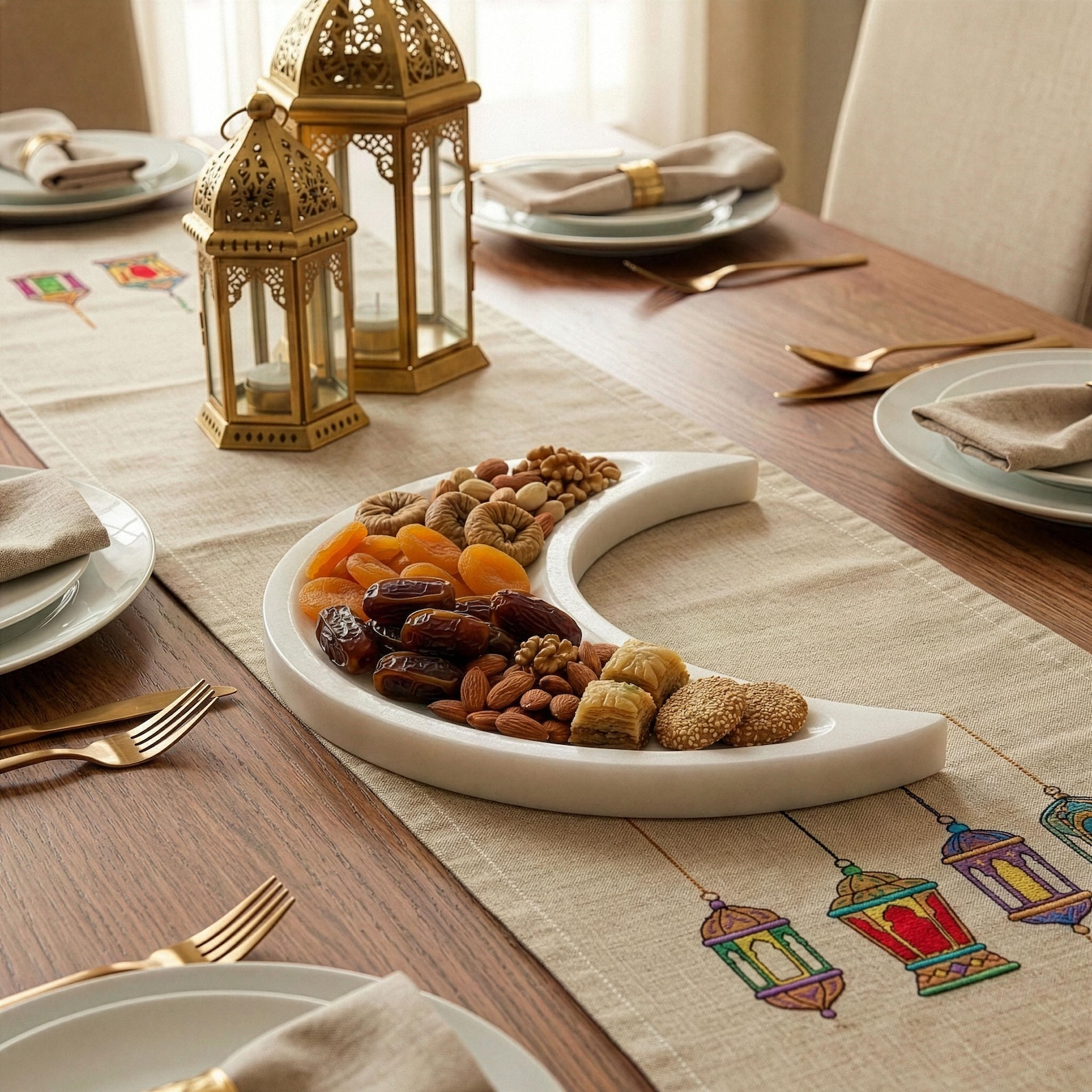 Ramadan Crescent Moon Tray Marble Serving Platter Ramadan Decoration ...