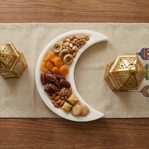 Ramadan Crescent Moon Tray Marble Serving Platter Ramadan Decoration ...
