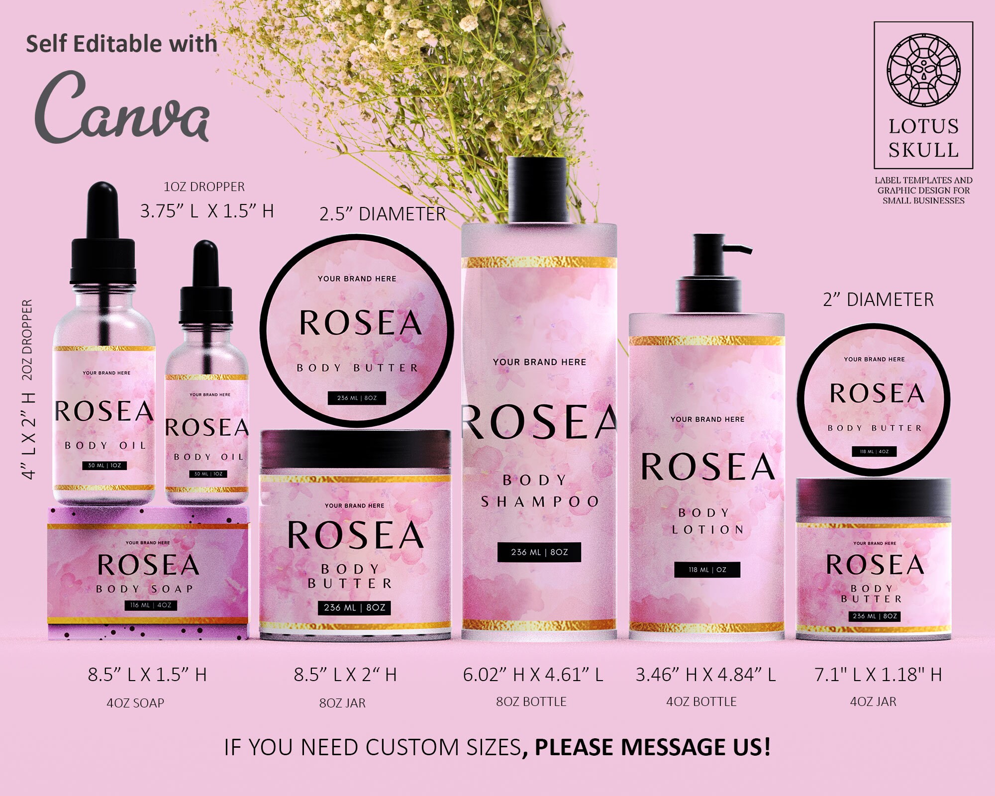 Editable Pink Rose Label Templates Body Butter Product Labels, Skincare ...