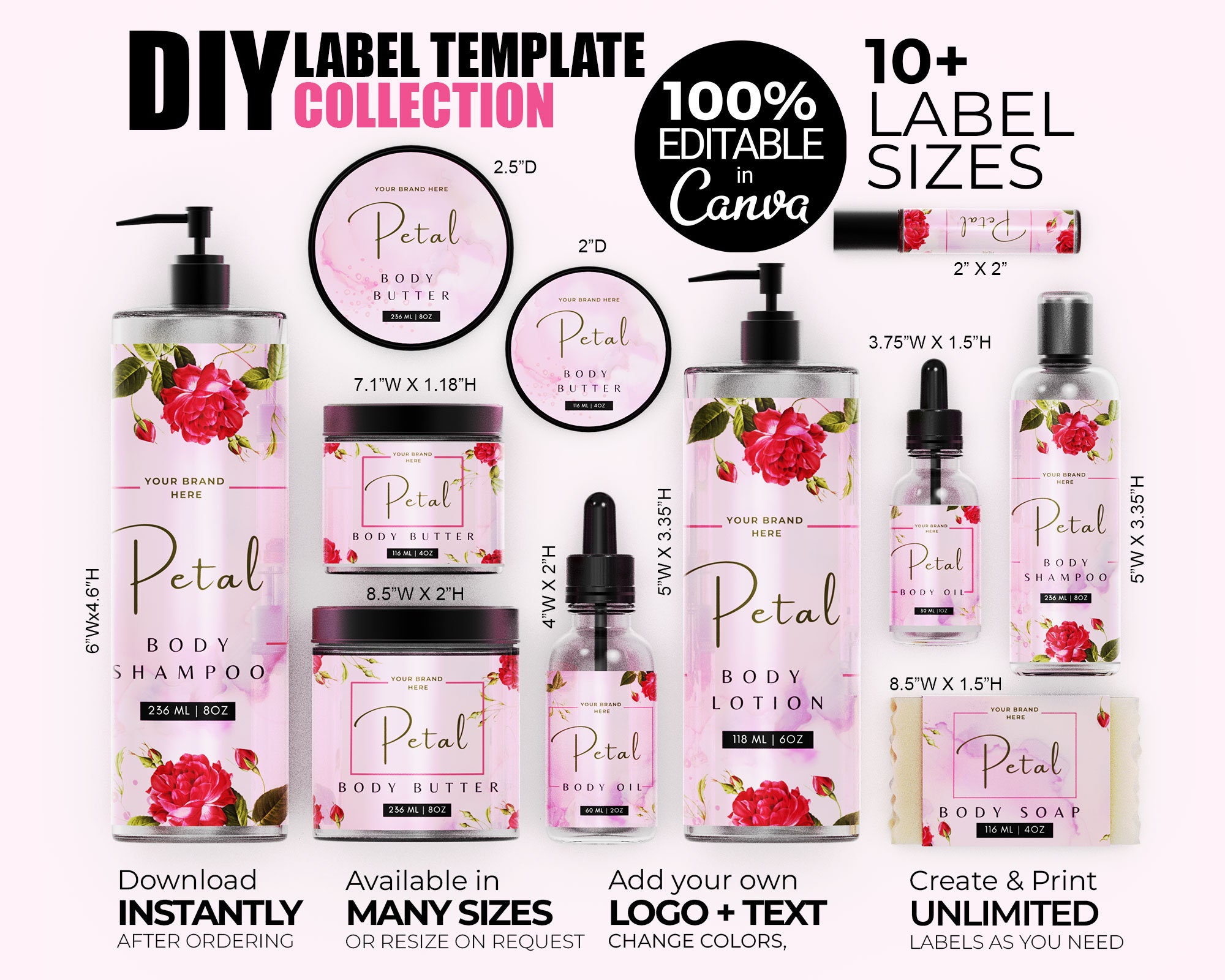 DIY Pink Rose Label Templates for Body Butter and Skincare Product ...