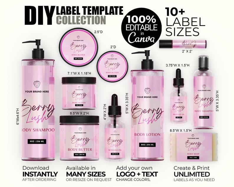 Editable Print Ready Strawberry Pink Label Templates for 8oz, 4oz, and ...