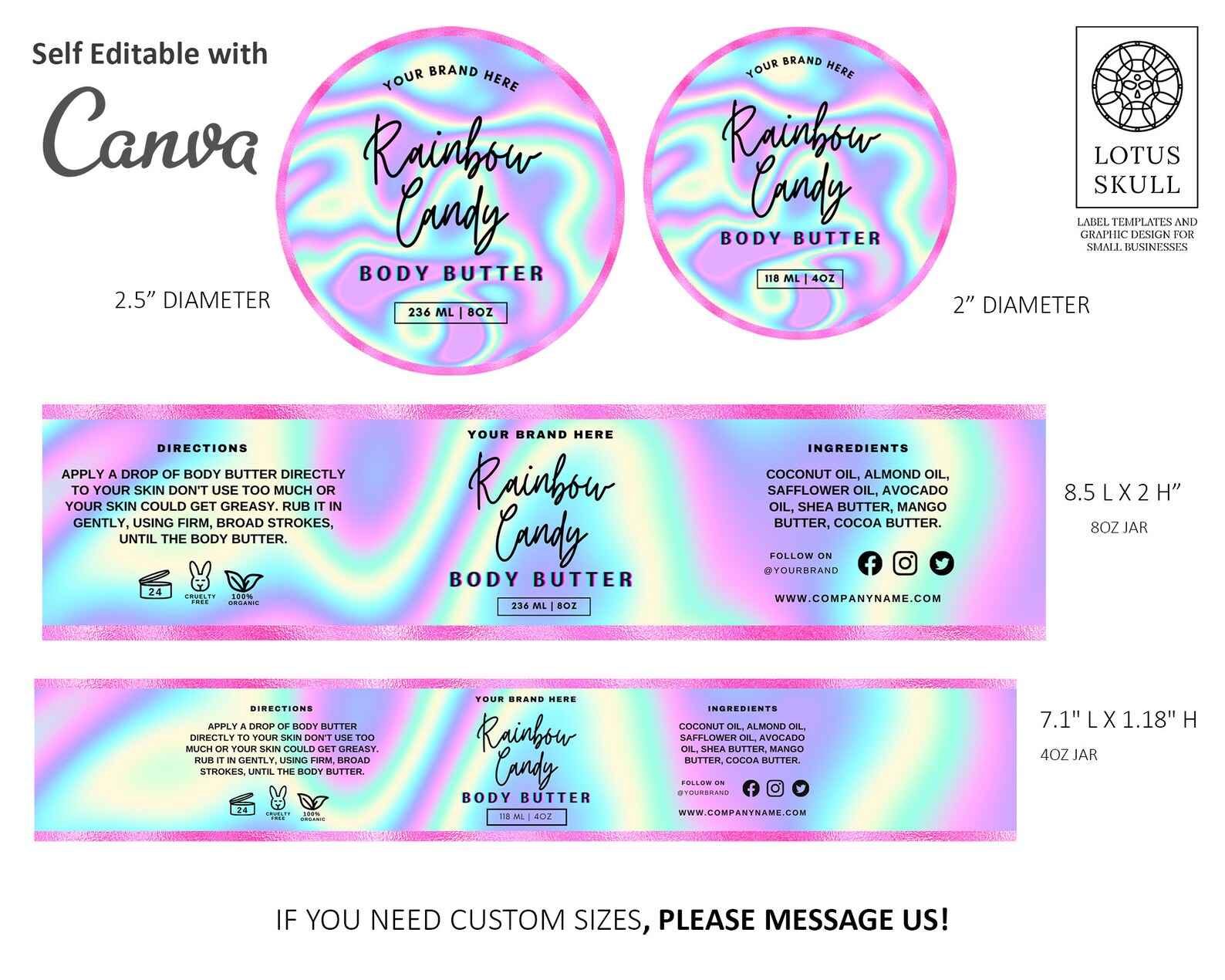 Editable Iridescent Bottle Labels Unicorn Body Butter Labels, Dropper ...