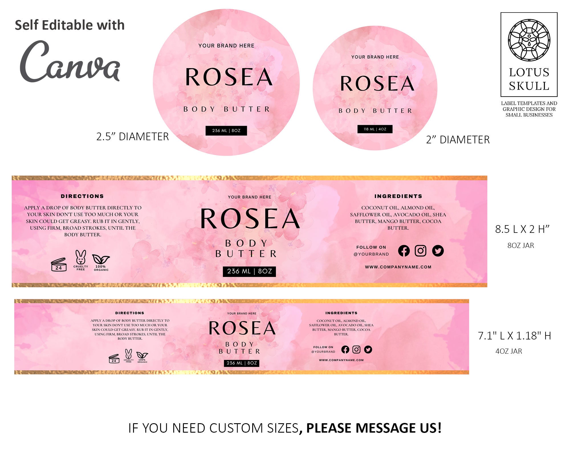 Editable Pink Rose Label Templates Body Butter Product Labels, Skincare ...