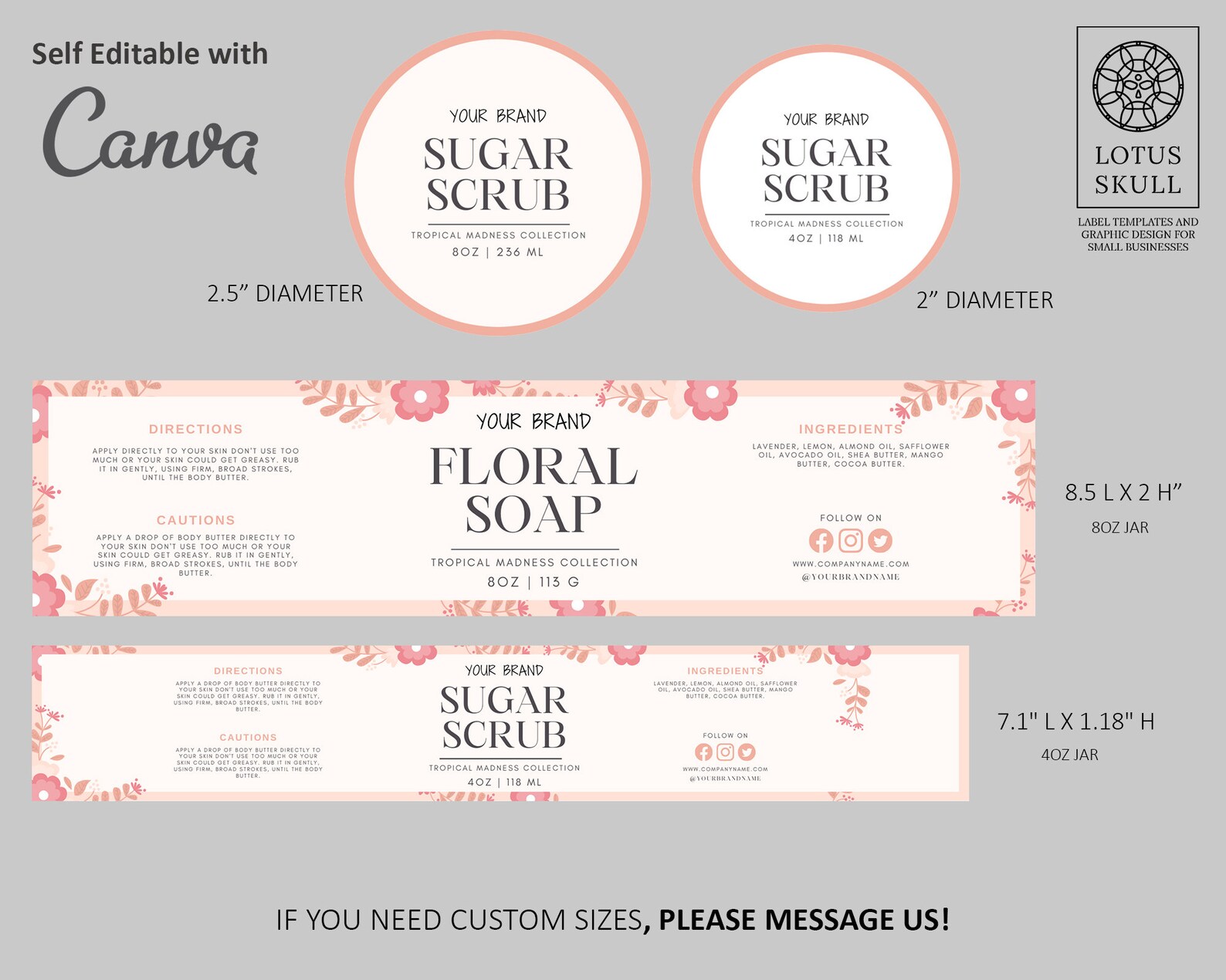 Editable Floral Cosmetic Label Templates Peach,body Butter Label ,sugar ...