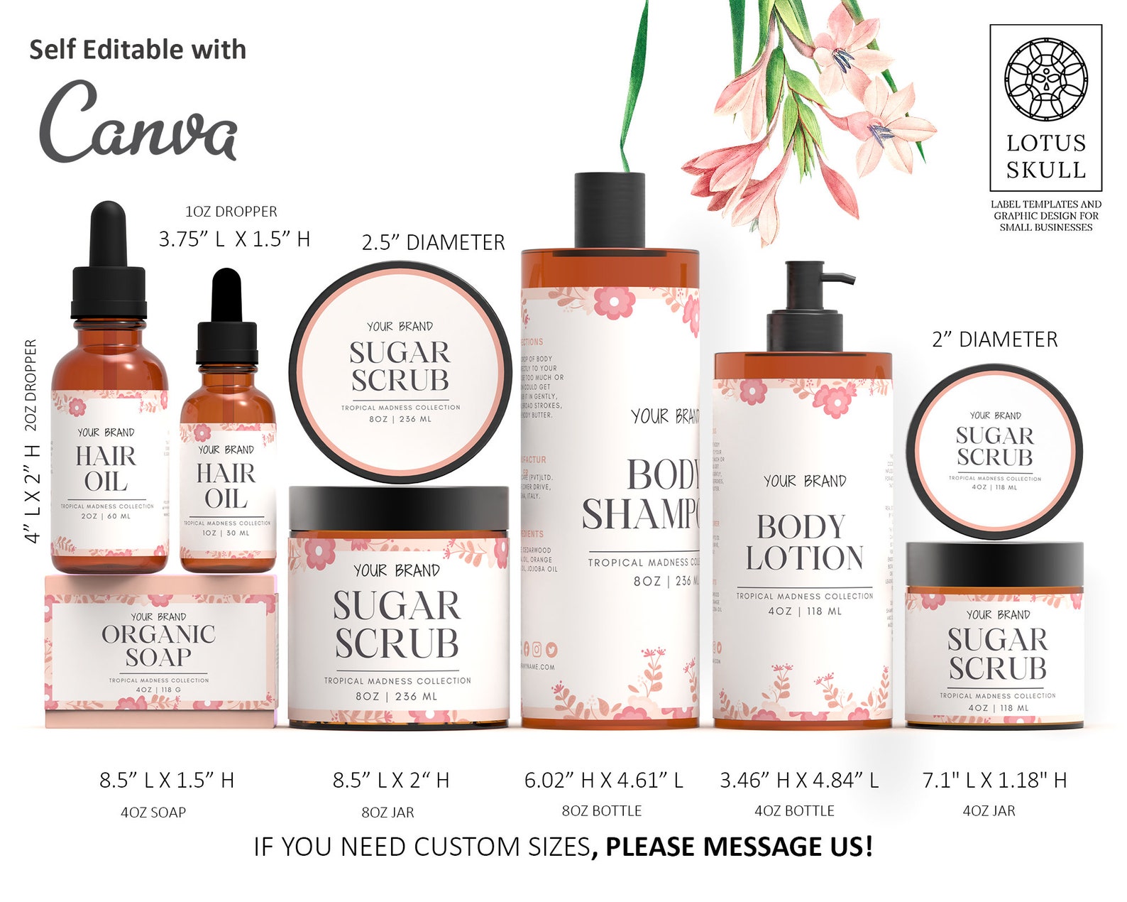 Editable Floral Cosmetic Label Templates Peach,body Butter Label ,sugar ...