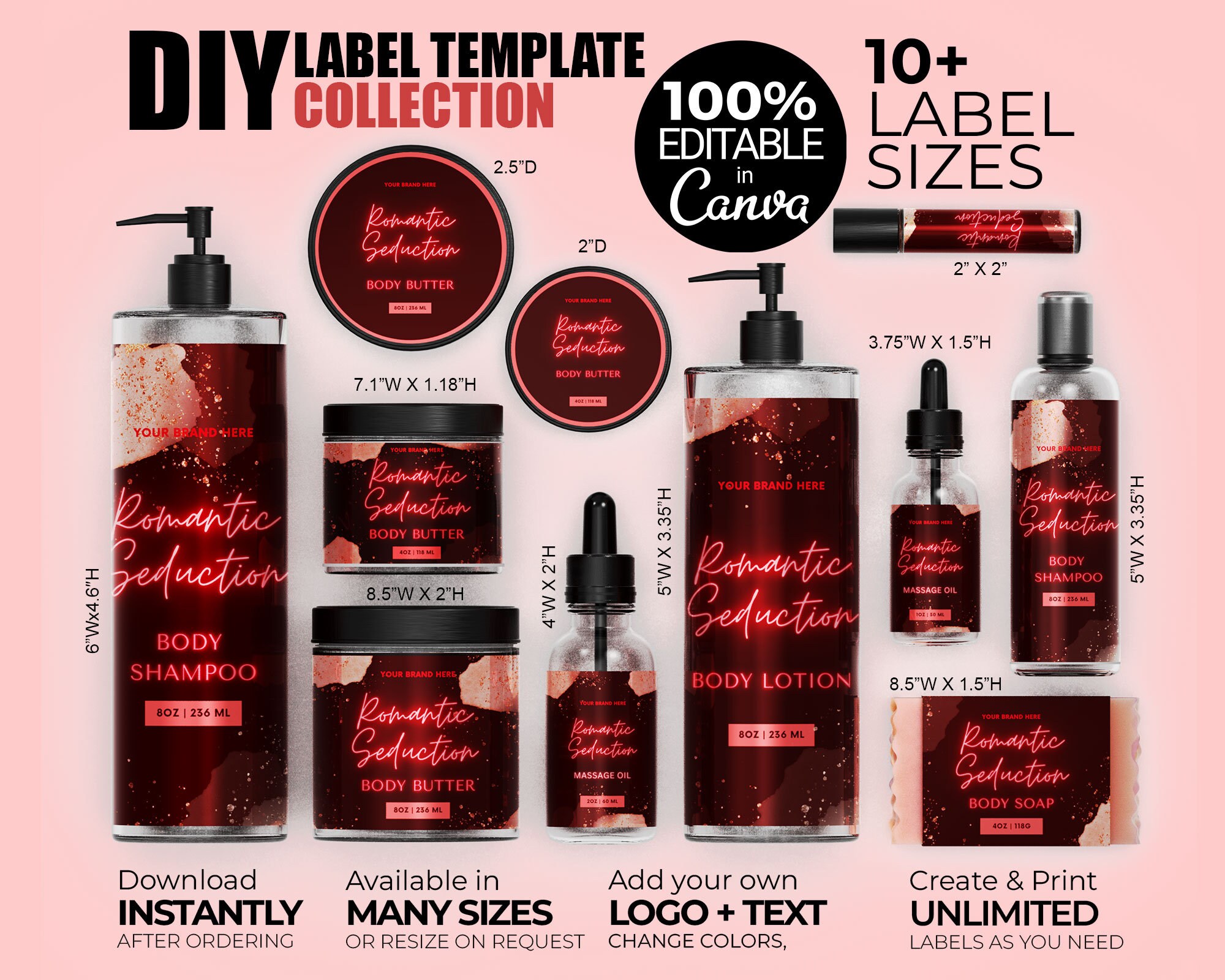 DIY Red Valentine Love Label Template Body Butter, Sugar Scrub, Dropper ...