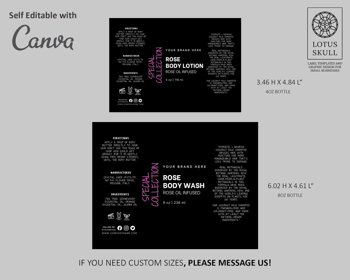 Black Pink Editable Skincare Product Label Templates Body - Etsy
