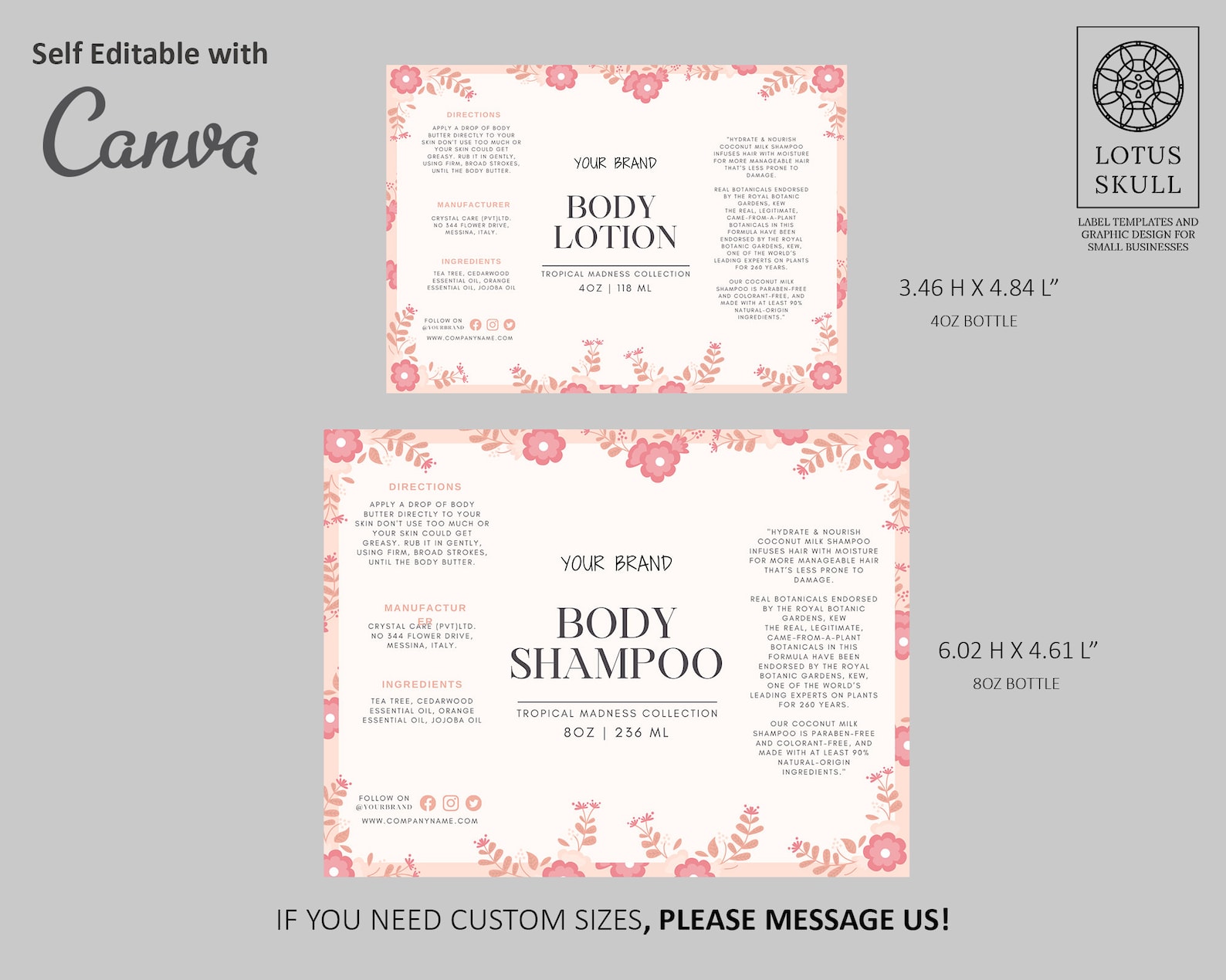 Editable Floral Cosmetic Label Templates Peach,body Butter Label ,sugar ...
