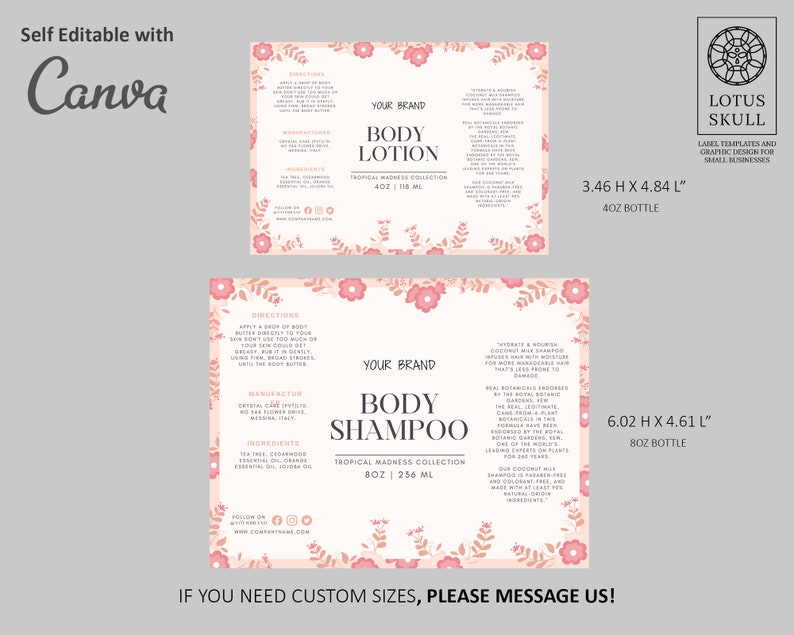Editable Floral Cosmetic Label Templates Peach,body Butter Label ,sugar ...