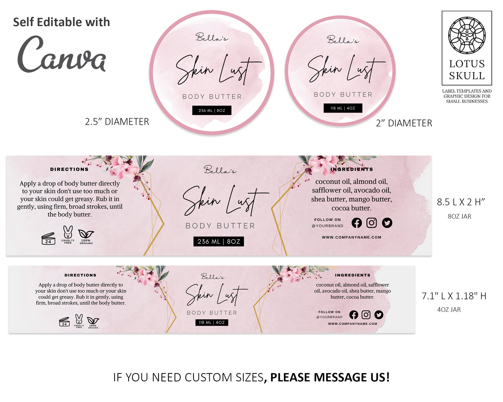Editable Pink Floral Label Template Body Butter Labels8oz - Etsy