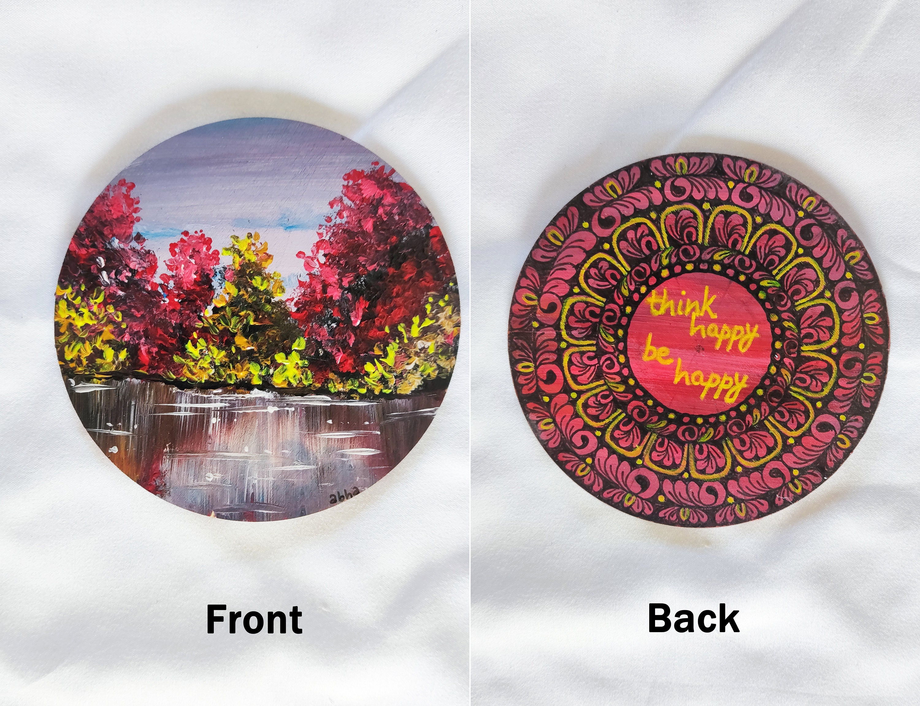 Circle MDF Disc Painting Both Sided Small Wooden Landscape - Etsy