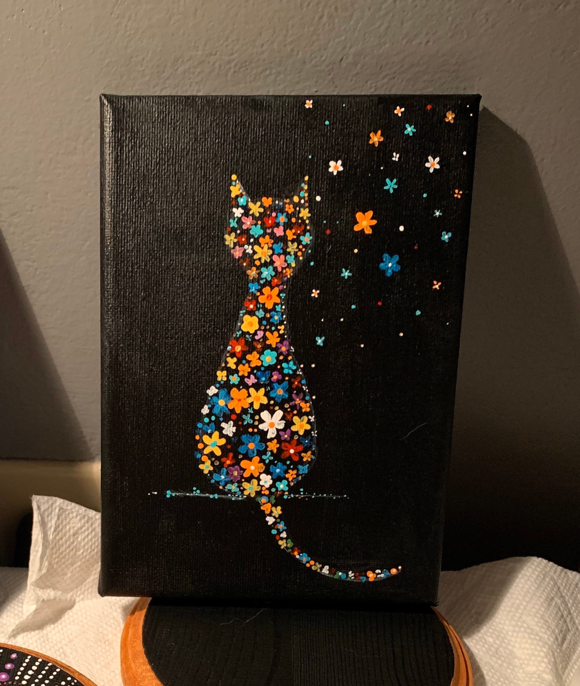 Black cat/colorful cat acrylic painting / one of a kind wall | Etsy