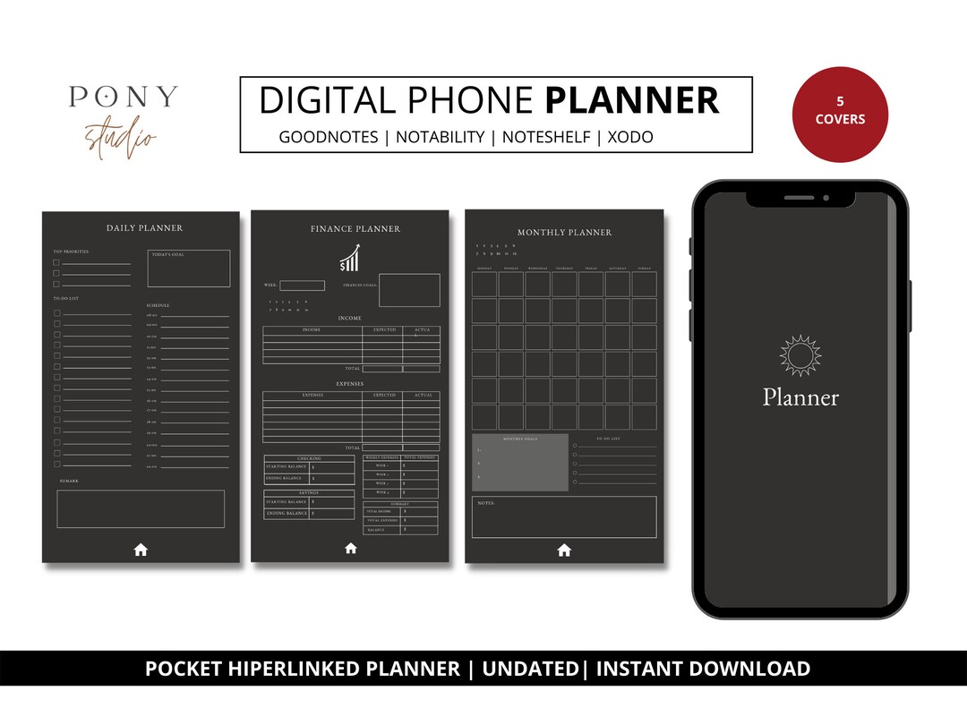 Black Digital Phone Planner, Digital Pocket Planner, iPhone Digital ...
