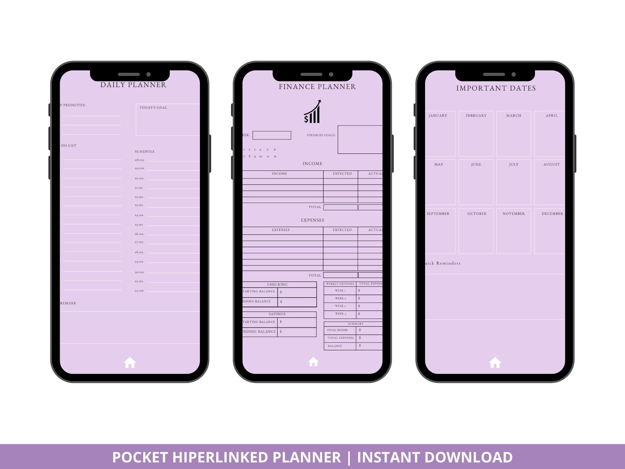 Purple Digital Phone Planner, Digital Pocket Planner, iPhone Digital ...