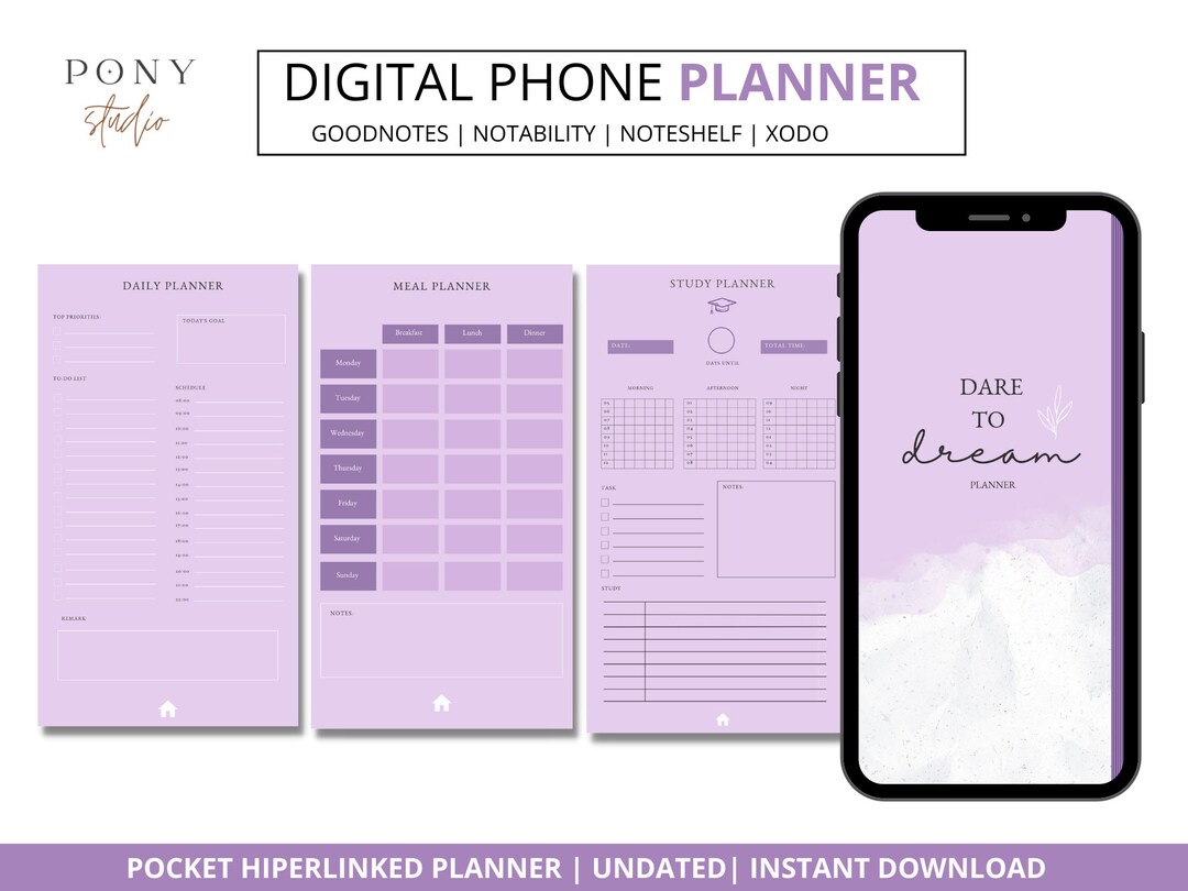 Purple Digital Phone Planner, Digital Pocket Planner, iPhone Digital ...