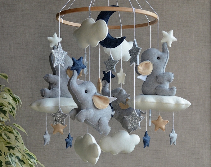 Elephant Baby Mobile, Baby Crib Mobile of Felt Elephant, Baby Mobile ...