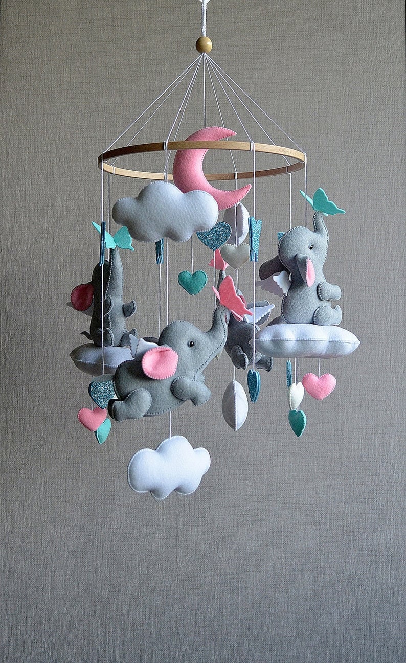 Elephant Baby Mobile, Baby Crib Mobile of Felt Elephant, Baby Mobile ...