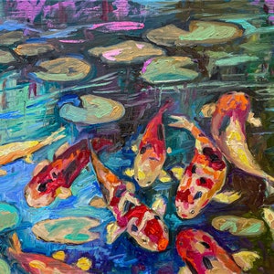 Nine Koi Fish Oil Painting ORIGINAL Art Pond Wall Art Sea Life Artwork ...